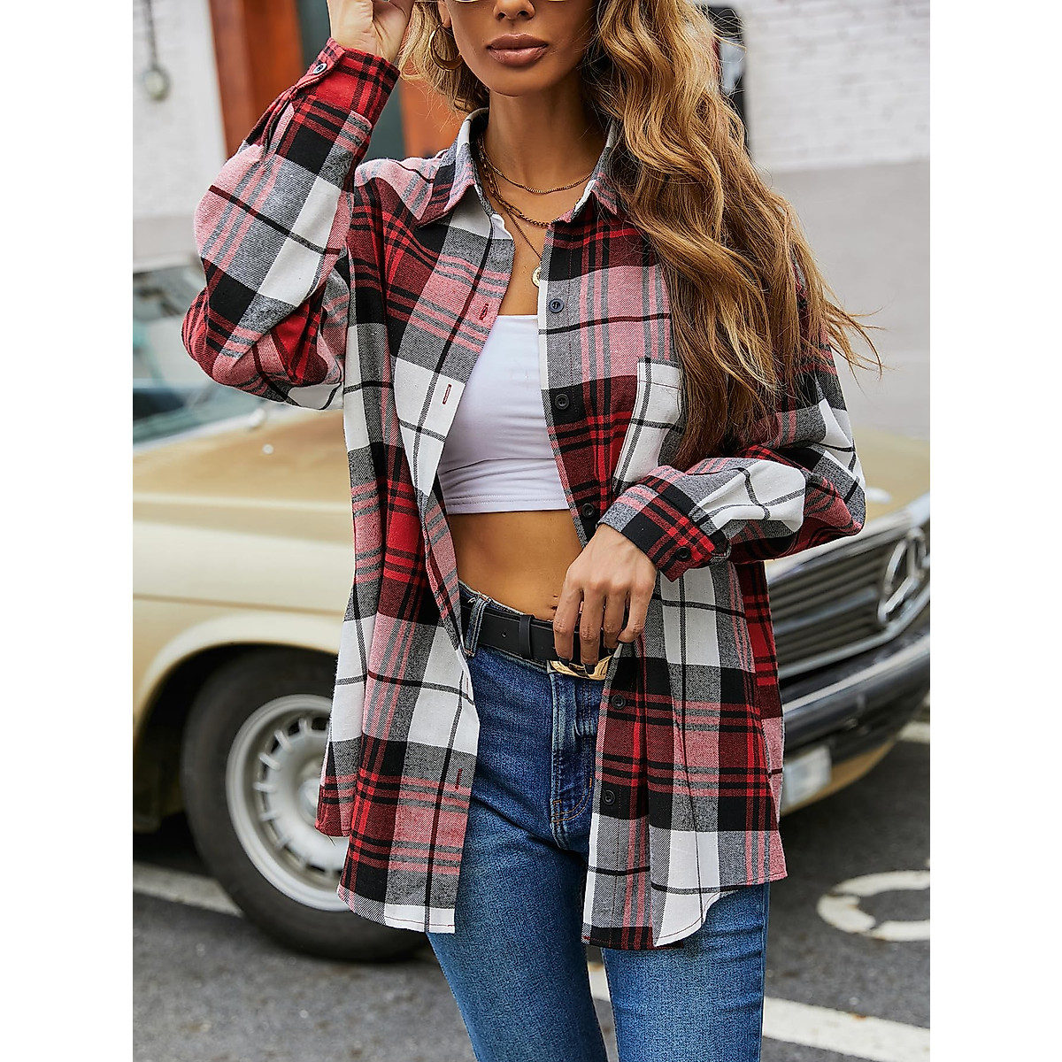 Floerns Women's Casual Plaid Long Sleeve Button Front Collar Blouses Shirts Top Red Black XS