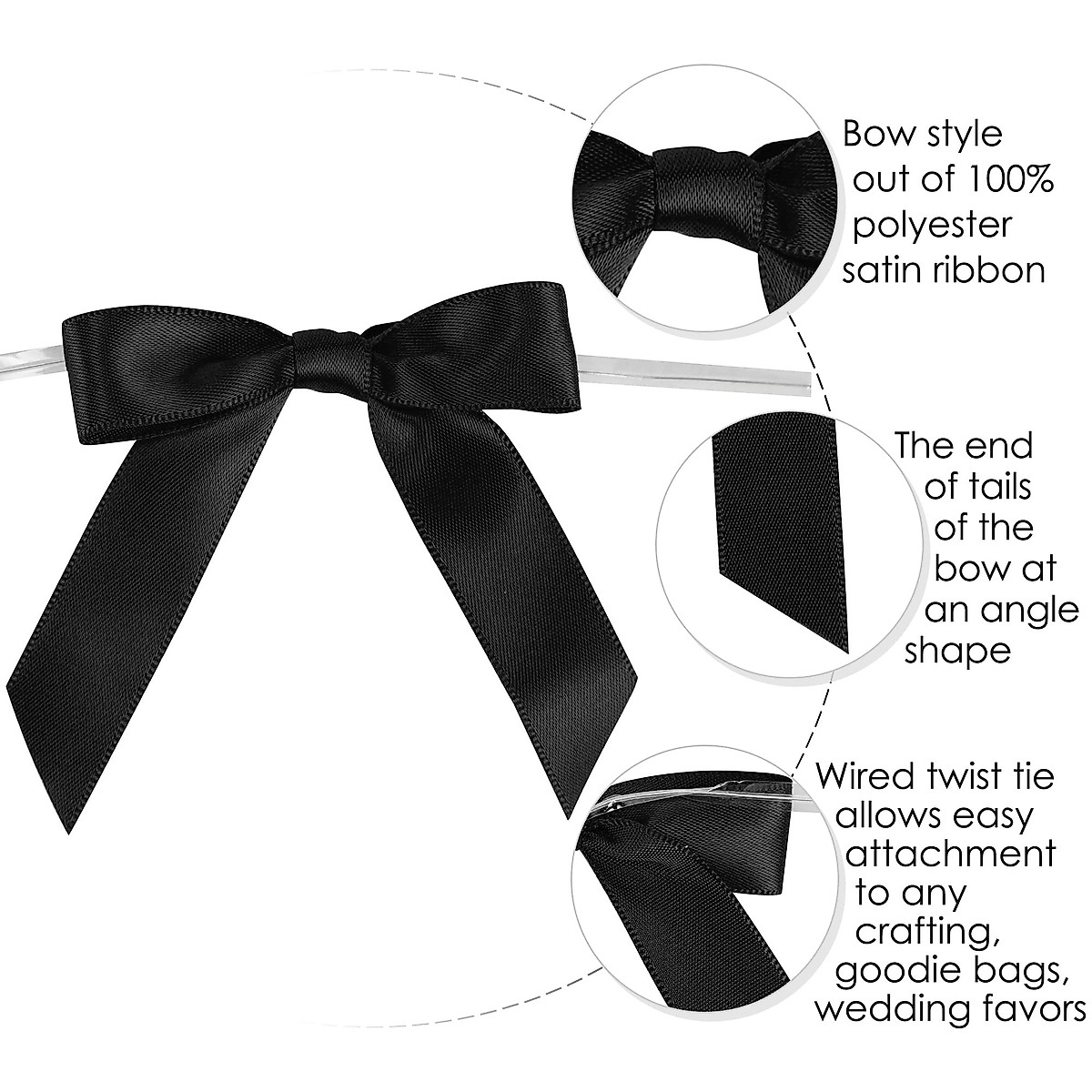 AIMUDI Black Bows for Gift Wrapping 2.5" Premade Black Twist Tie Bows for Crafts Pre-Tied Black Satin Ribbon Bows Small Gift Bows for Treat Bags Party Favors Wedding Decorations - 50 Counts