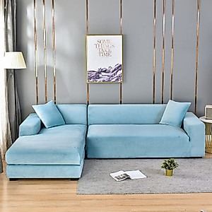 Velvet Sofa Slipover for L/U Shape Sofa Cover, Stretch 1 2 3 4 Seat Sectional Couch Cover Soft Non Slip Furniture Protector for Kids Pets Dogs (Light Blue,4seat/235-300cm/92-118in)