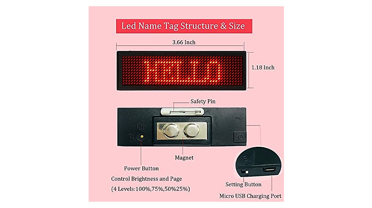 LED Name Badge - Rechargeable USB Programmable Display