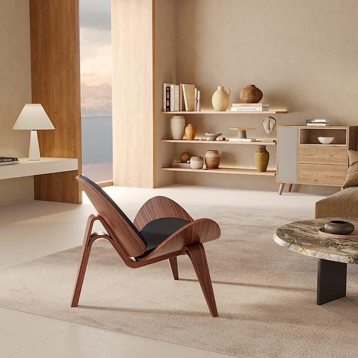 VOMXUF Mid Century Modern Shell Lounge Chair, Faux Leather, Scandinavian Furniture Tripod Plywood Classic Design Solid Wood Accent Chairs for Living Room, Reading, Lounge, Office, Salon