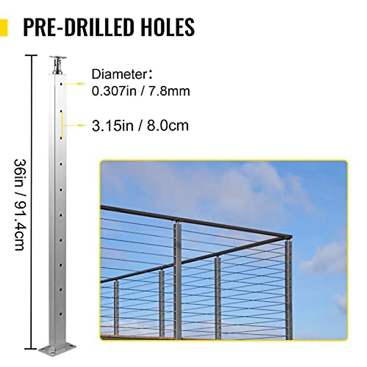 VEVOR Cable Railing Post Level Deck Stair Post 36 x 0.98 x 1.97" Cable Handrail Post Stainless Steel Wire Drawing Deck Railing Pre-Drilled Pickets with Mounting Bracket Stair Railing Kit Silver