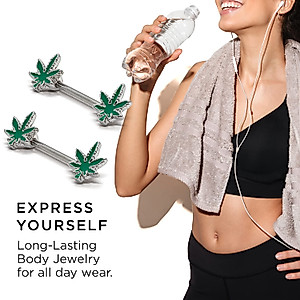 Pierce2GO 14G Nipple Piercing Surgical Stainless-Steel Set of 2 Barbell Glow in the Dark Marijuana Weed Cute Nipple Rings Nipple Piercing Jewelry for Women - 9/16" Barbell (Green)