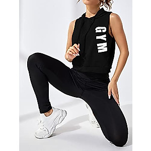 Verdusa Women's Letter Graphic Sleeveless Drawstring Sports Hoodie Workout Shirt Black L