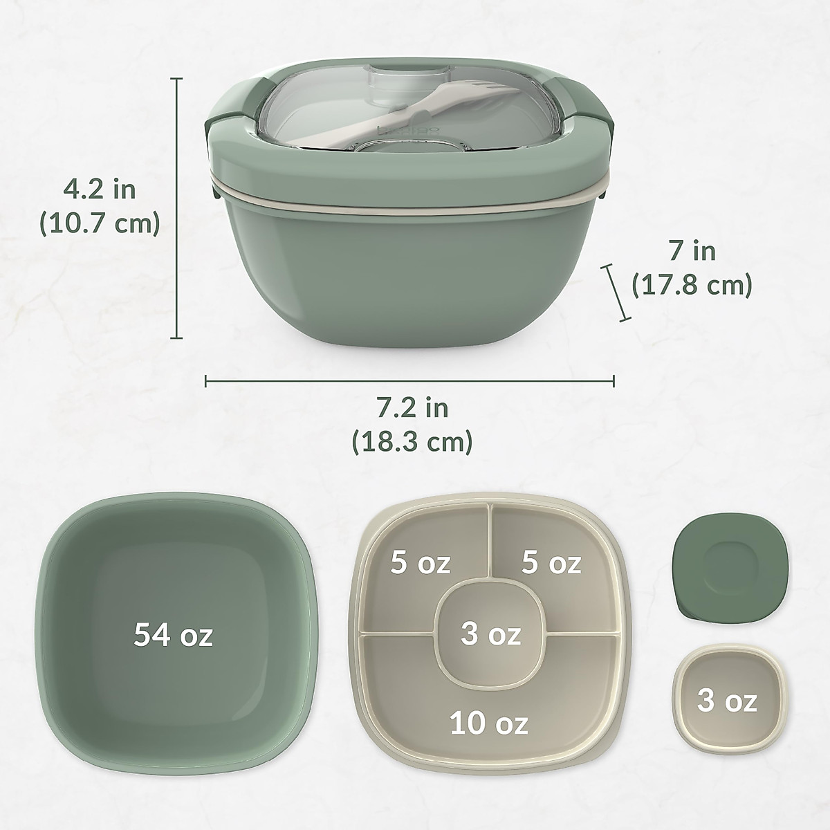 Bentgo® All-in-One Salad Container - Large Salad Bowl, Bento Box Tray, Leak-Proof Sauce Container, Airtight Lid, & Fork for Healthy Adult Lunches; BPA-Free & Dishwasher/Microwave Safe (Khaki Green)