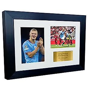 Kitbags & Lockers 12x8 A4 Erling Haaland Manchester City Triple Autographed Signed Photo Photograph Picture Frame Football Soccer Poster Gift Gold, Black