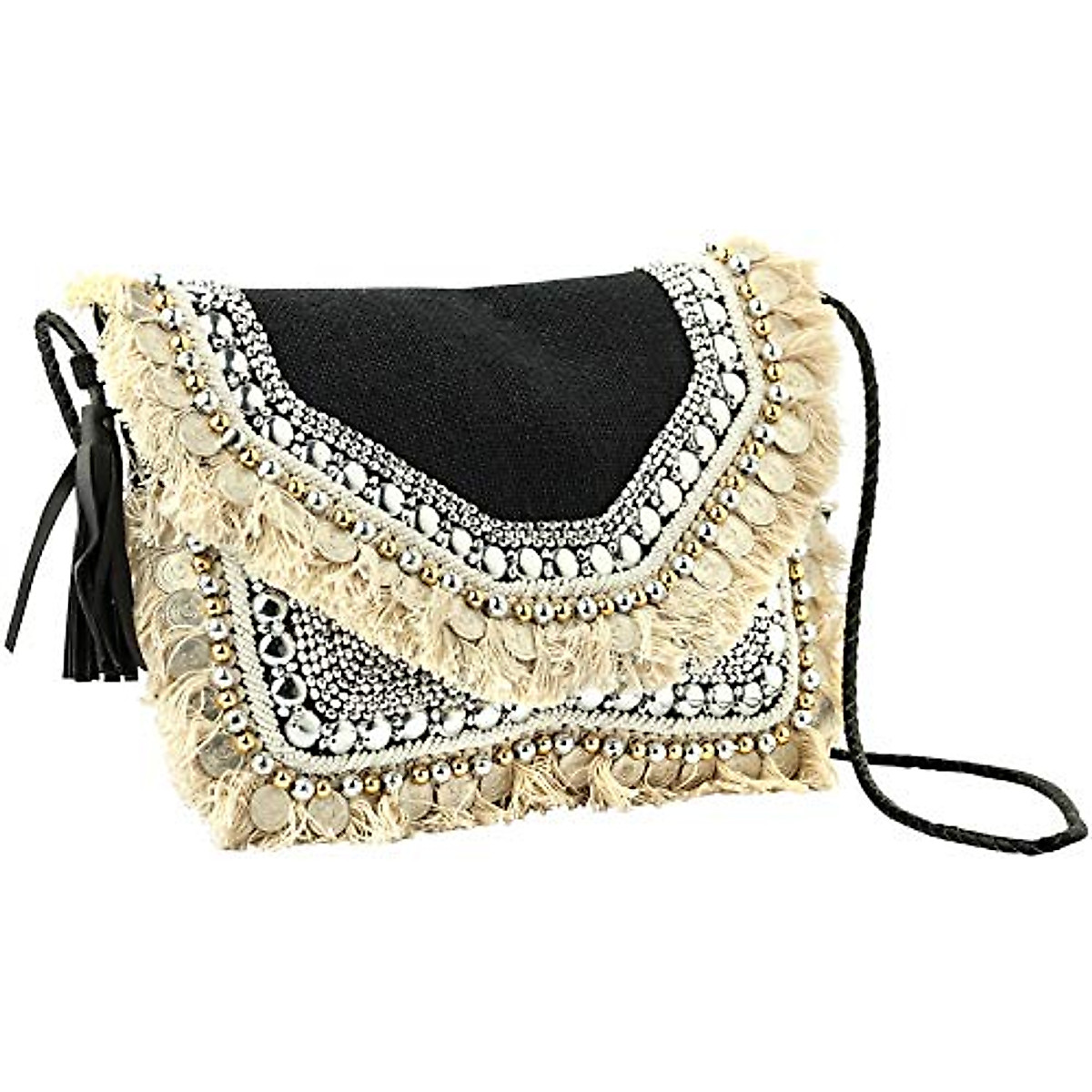 Exotic India Sustainable Jute Sling/Shoulder/Cross-Body Boho Handmade Bag with Cotton Banjara Tassels, Beads and Coins - Color Jet Black