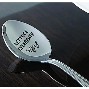 Funny Let Us Celebrate Spoon Hilarious Gifts For Vegan Veggie Food Lovers | Lettuce Celebrate Salad Quote Engraved Spoon With Lettuce Vegetable Icon | Sarcastic Birthday Gifts For Vegetarian Friends