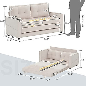 VINGLI Upgraded 64" W 84" L Full Size Futon Sofa Bed, 6" Thick Upholstery Chenille Loveseat Sofa Sleeper Pull Out Couch,Convertible Floor Couch for Living Room, Bedroom, Entertainment Room, Beige