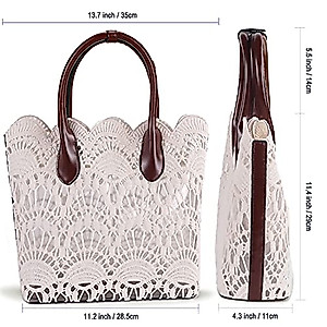 Women Lace Tote Vintage Solid Clear Bag Handbag with Off-White Cotton Lace Fabric