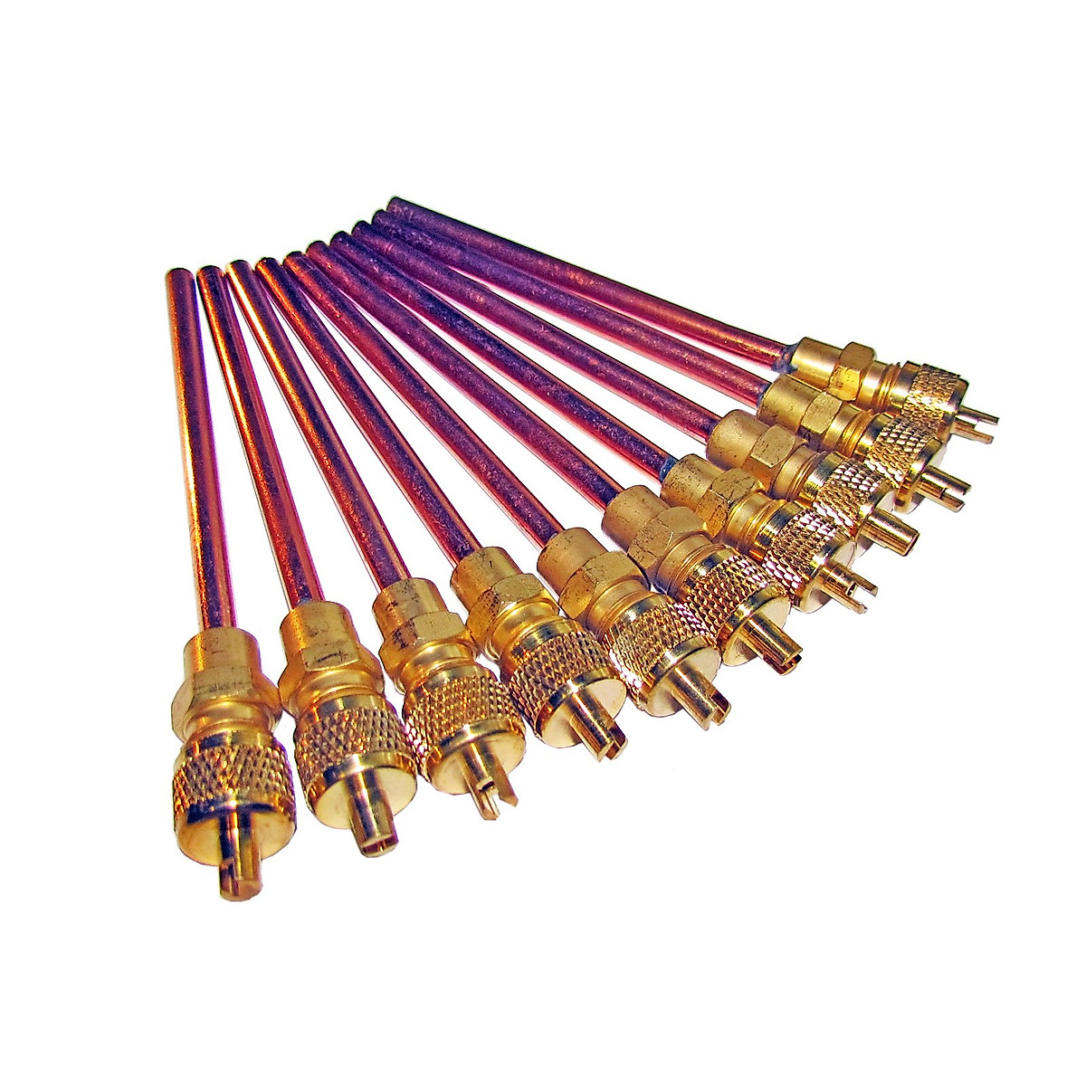 Lot of 10 Service/Access Valve 1/4" SAE x 3/16" OD x 3" Stem + Core & Cap/Core Remover