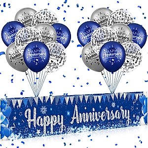 Blue Happy Anniversary Decorations for Men Women, Silver Blue Happy Anniversary Banner 18pcs Silver Navy Blue Happy Anniversary Balloons Party Decor for Wedding Anniversary Decorations Kit Supplies