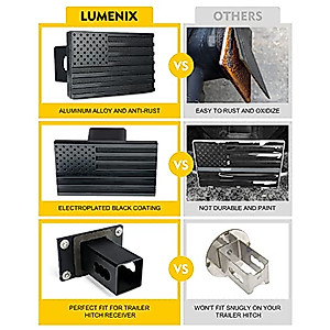 LUMENIX Aluminum Tow Trailer Hitch Cover Heavy Duty 2" Inch Receivers Plug Covers w/Locks, Black USA American U.S. Flag Metal Emblem Guard Compatible with Pickup Trucks Ford Toyota SUV