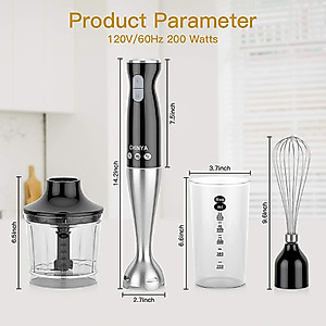 CHINYA Immersion Hand Blender, Powerful 4-in-1 Hand Blender,Electric food blender with 16oz Food Chopper, 20oz SAN Beaker and Ballon Whisk, BPA-Free Hand Mixer Set