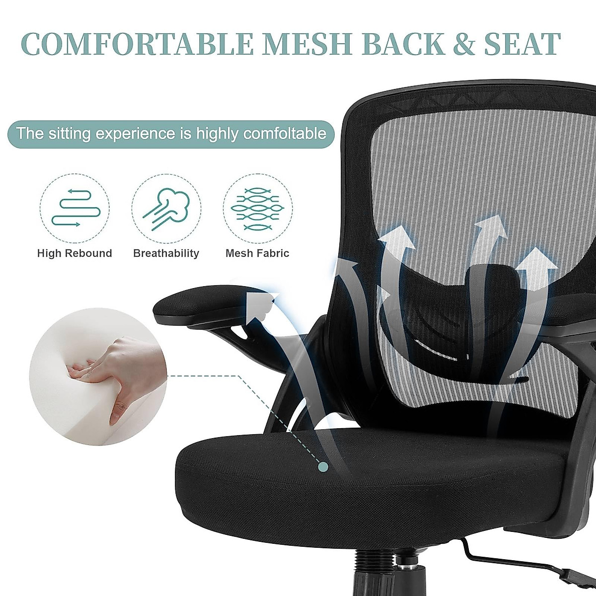 Ergonomic Mesh Office Chair, Comfy Desk Chair with Flip up Armrests, Swivel Computer Desk Chair with Adjustable Lumbar Support and Height for Home Office, 300 lbs Capacity