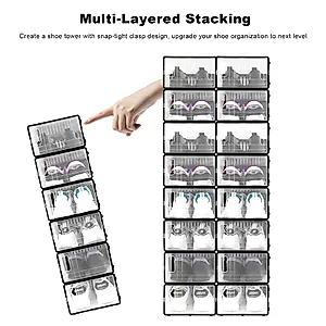 JOCHER 12 Pack Modern Black Plastic Shoe Boxes, Sturdy Flip Top Lids, Space Saving Foldable Shoe Organizer Boxes with Lids, Holds 12 Pairs of Shoes, Ideal for Bathroom Closet, Bedroom, Entryway