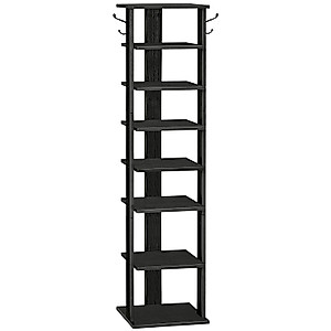 HOOBRO 8 Tiers Vertical Shoe Rack, Wooden Shoe Storage Organizer with Hooks, Narrow Shoe Tower for 8 Pairs, Space Saving, for Entryway, Living Room, Bedroom, Black BK07XJ01