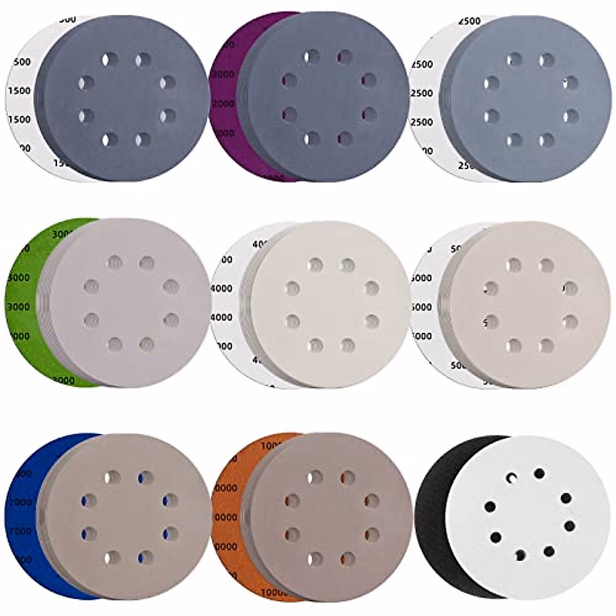 80pcs 5 inch 8 Hole Sanding Discs Hook and Loop 1500/2000/2500/3000/4000/5000/7000/10000 Grits Wet Dry Sandpaper with 2pcs Interface Pad for Random Orbital Sander Automotive Wood Metal Polishing