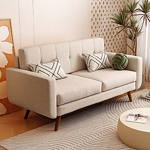 DIFY 65" W Linen Loveseat Couch with Firm Strcuture & Sponge | Love Seat Couch for Living Room, Bedroom, Small Spaces | Mid-Century Modern Furniture(Beige)