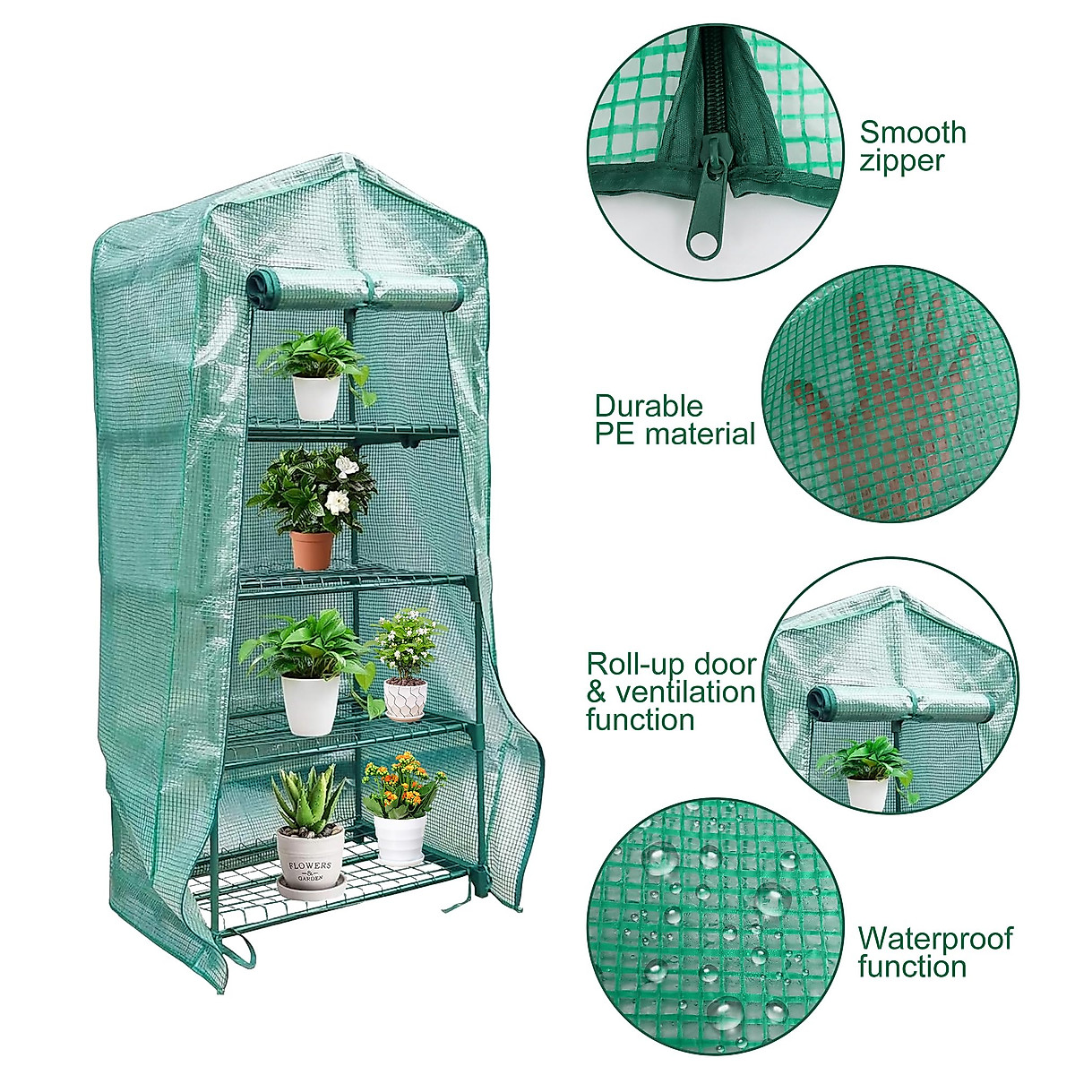 Sfcddtlg 4 Tier Greenhouse Replacement Cover with Roll-Up Zipper Door-PE Plant Greenhouse Cover for Indoor Outdoors Gardening Plants Cold Frost Protection Wind Rain Proof (Frame NOT Include)