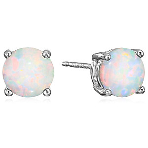 Amazon Essentials Sterling Silver Round Created Opal Birthstone Stud Earrings (October) (previously Amazon Collection)