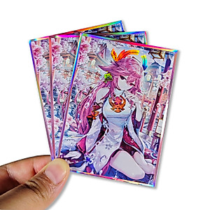 60ct (Yae Miko) 67x 92 mm Holographic Flashing Top Loading Trading Card Sleeves Deck Protector for MTG/TCG/PTCG Art Anime Printing Card Sleeves Protectors