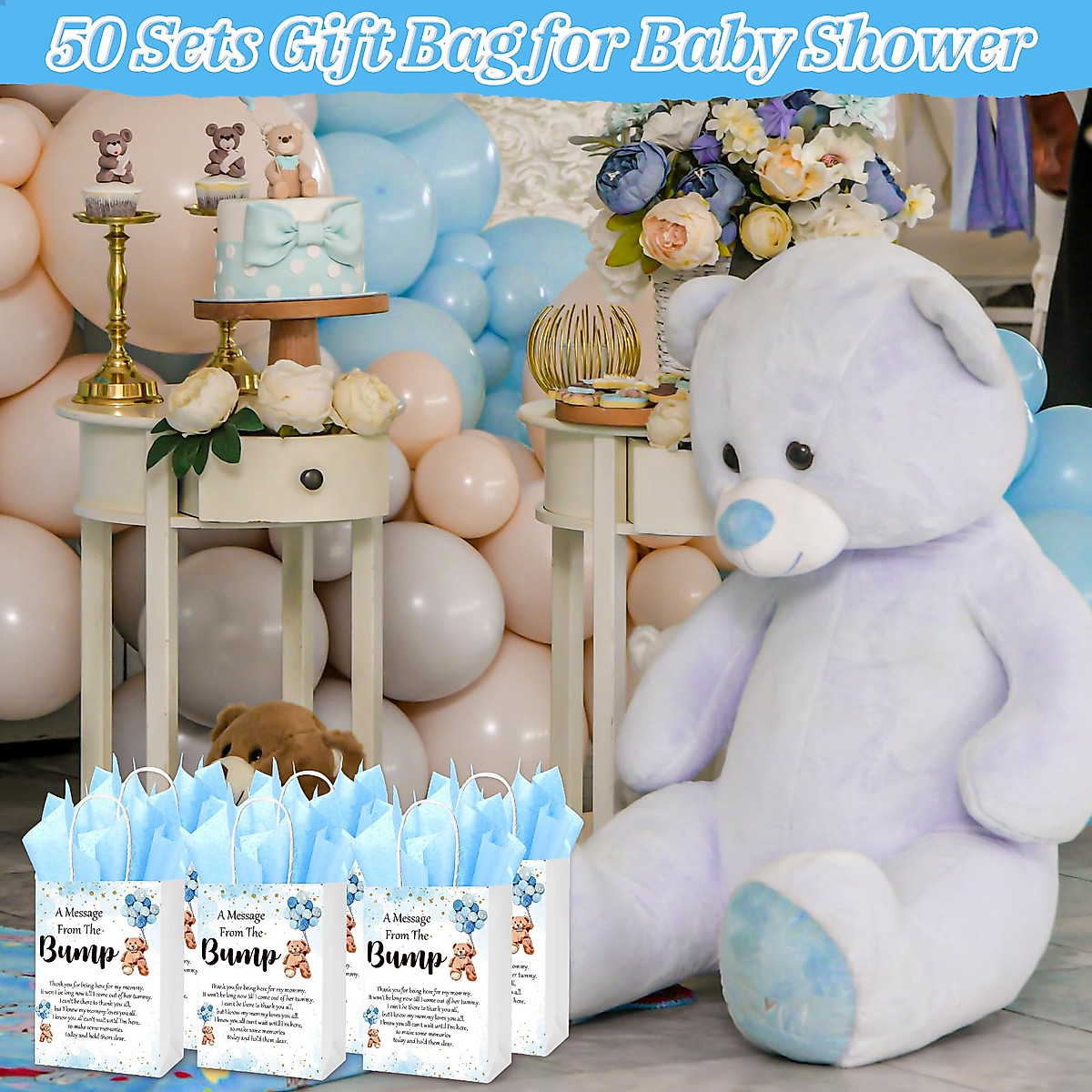 Resurhang 50 Sets Gift Bag for Baby Shower 50 Bear Baby Shower Goodie Bags Bear Paper Bag with Handles and Tissue Paper Baby Shower Party Favor Bags for Guests Gender Reveal Return Gift (Blue)
