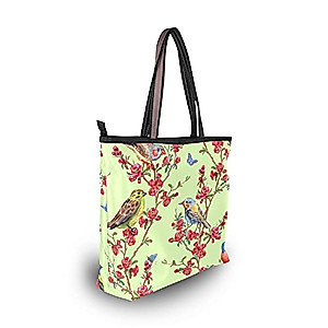 Flower Tote Bag with Zipper Long Handles Bird Floral Handbag Shoulder Bag