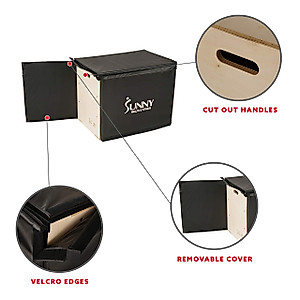Sunny Health & Fitness Wood Plyo Box with Removable Foam Cover, 500lb Weight Capacity and 3 in 1 Height Adjustment - 30"/24"/20" for Crossfit Training and Plyometric Conditioning