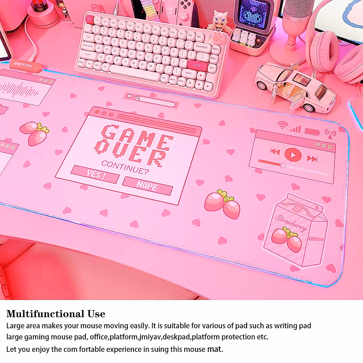 JMIYAV Pink RGB Gaming Mouse Pad 31.5x12 Inch PC XL Large Extended Glowing Led Light Up Desk Pad Non-Slip Rubber Base Computer Mouse Pad Cute Mousepad Mat 31.5x12 Inch