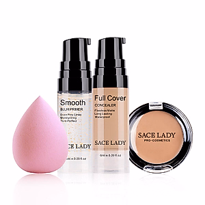 Waterproof Full Coverage Concealer With Primer Sponge Set, Smooth Matte Flawless Creamy Liquid Foundation Corrector Makeup Kit for Face Eye Dark Circles Spot Acne Scar Cover (0.2Fl, Light Natural)