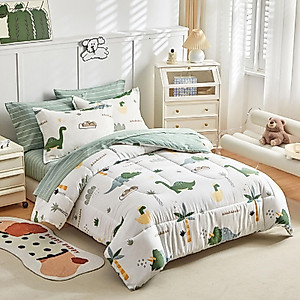 Joyreap Bed in a Bag Cotton, Dinosaur Theme Fresh Green, Twin Size 6-Piece Cotton Bedding Comforter Set for Kids Boys n Girls- 1 Comforter, 2 Pillow Shams, 1 Flat Sheet, 1 Fitted Sheet, 1 Pillowcase