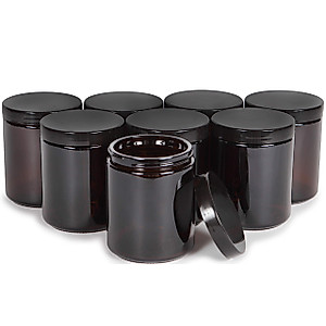 Vivaplex, Amber, 8 ounce, Round Glass Jars, with Black Lids - 8 pack