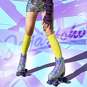 JajaHoho Roller Skates for Women, Holographic High Top PU Leather Rollerskates, Purple Shiny Double-Row Four Wheels Quad Skates, Age 8-50 Indoor Outdoor, Silver, Aluminum Trucks Baseplate, Size 8