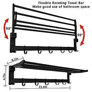 Towel Rack with Towel Bar for Bathroom Wall Mount,Foldable Toalla Holder with Hooks,Hotelier Rustproof Adjustable Bath Towels Shelf,No Drill,24 Inch Matte Black