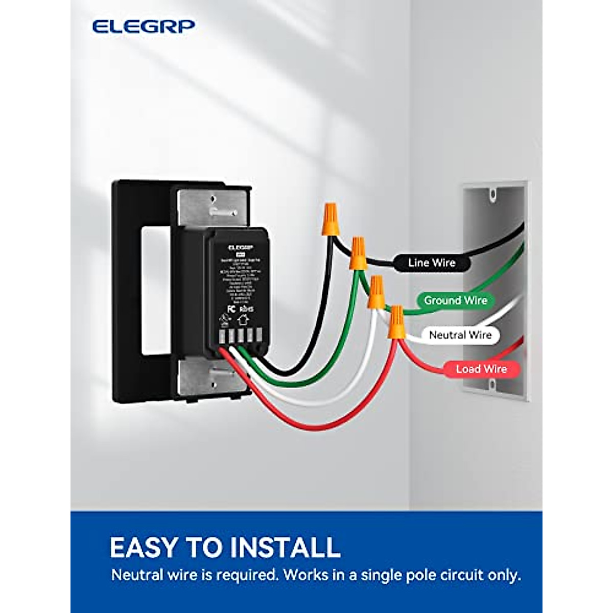 ELEGRP Smart Light Switch, 2.4GHz Wi-Fi Single Pole Light Switch Compatible with Alexa and Google Assistant, Neutral Wire Required, APP Remote Control and Timer Schedule, UL Certified (Black, 1 Pack)