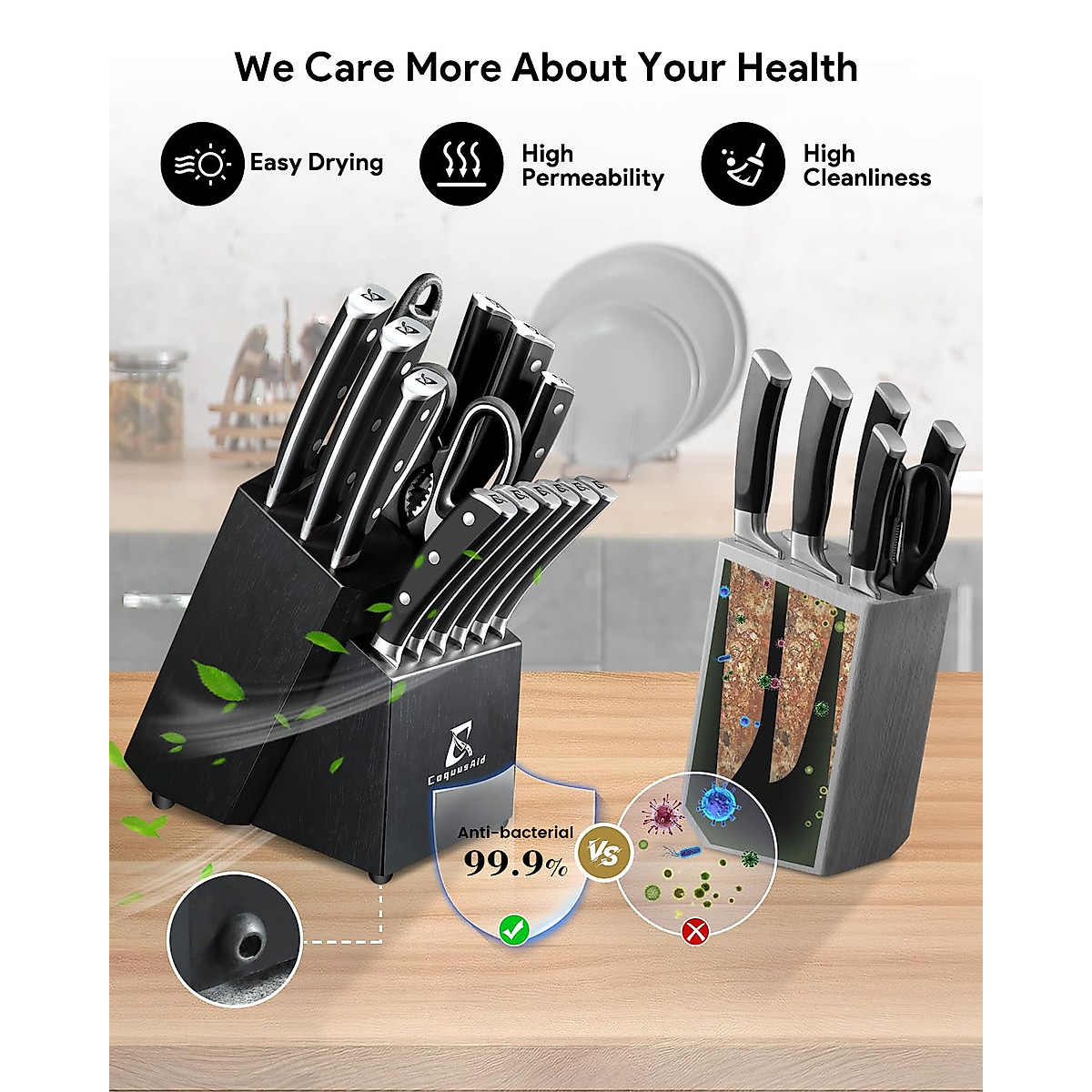 Knife Set, 15 PCS Kitchen Knife Block Sets with Sharpener, 6 Steak Knife Set Serrated with Block, Forged German Stainless Steel Rust Proof Knives, Dishwasher Safe Black, New Beveled Design