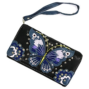 Zelris Peacock Butterfly Floral Embroidery Crossbody Trifold Wallet (Black)