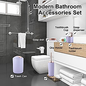 8 Pieces Purple Bathroom Accessories Set - Trash Can with Swing Lid,Soap Dispenser,Self Draining Soap Dish,Toilet Brush with Holder,Toothbrush Holder,Mouthwash Cup,Qtip Holder Dispensers
