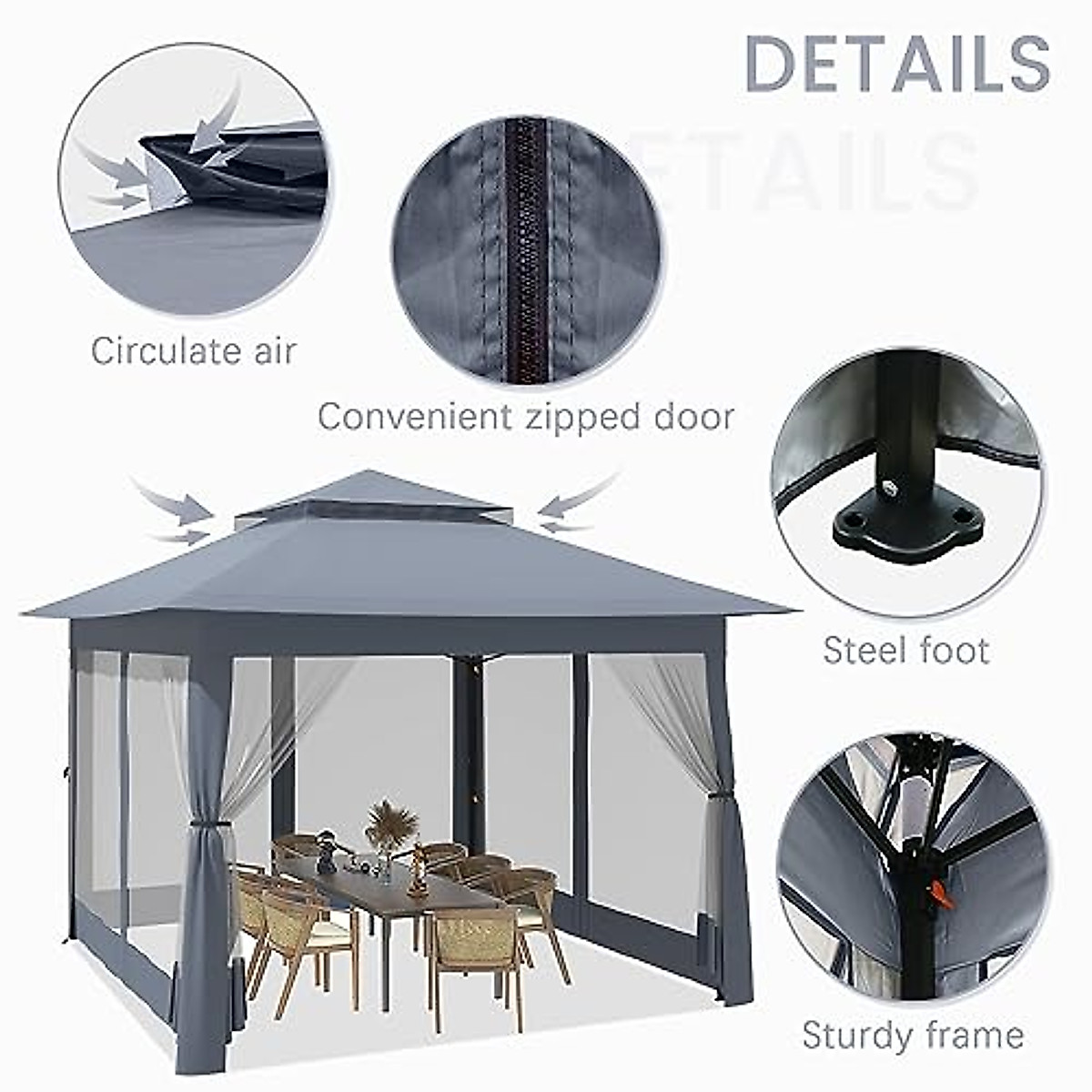 Winkalon 13'x 13' Pop Up Gazebo with Mosquito Netting, Outdoor Gazebo Waterproof Canopy Tent with Double Roof Tops and 169 Square Feet of Shade for Patio, Group Gatherings, Camping Shelter (Grey)