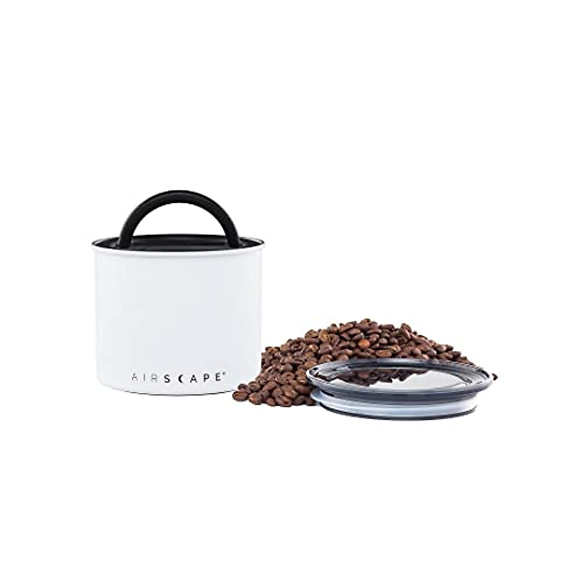 Airscape Stainless Steel Coffee Canister & Scoop Bundle - Food Storage Container - Patented Airtight Lid Pushes Out Excess Air - Preserve Food Freshness (Small, Matte White & Brushed Steel Scoop)