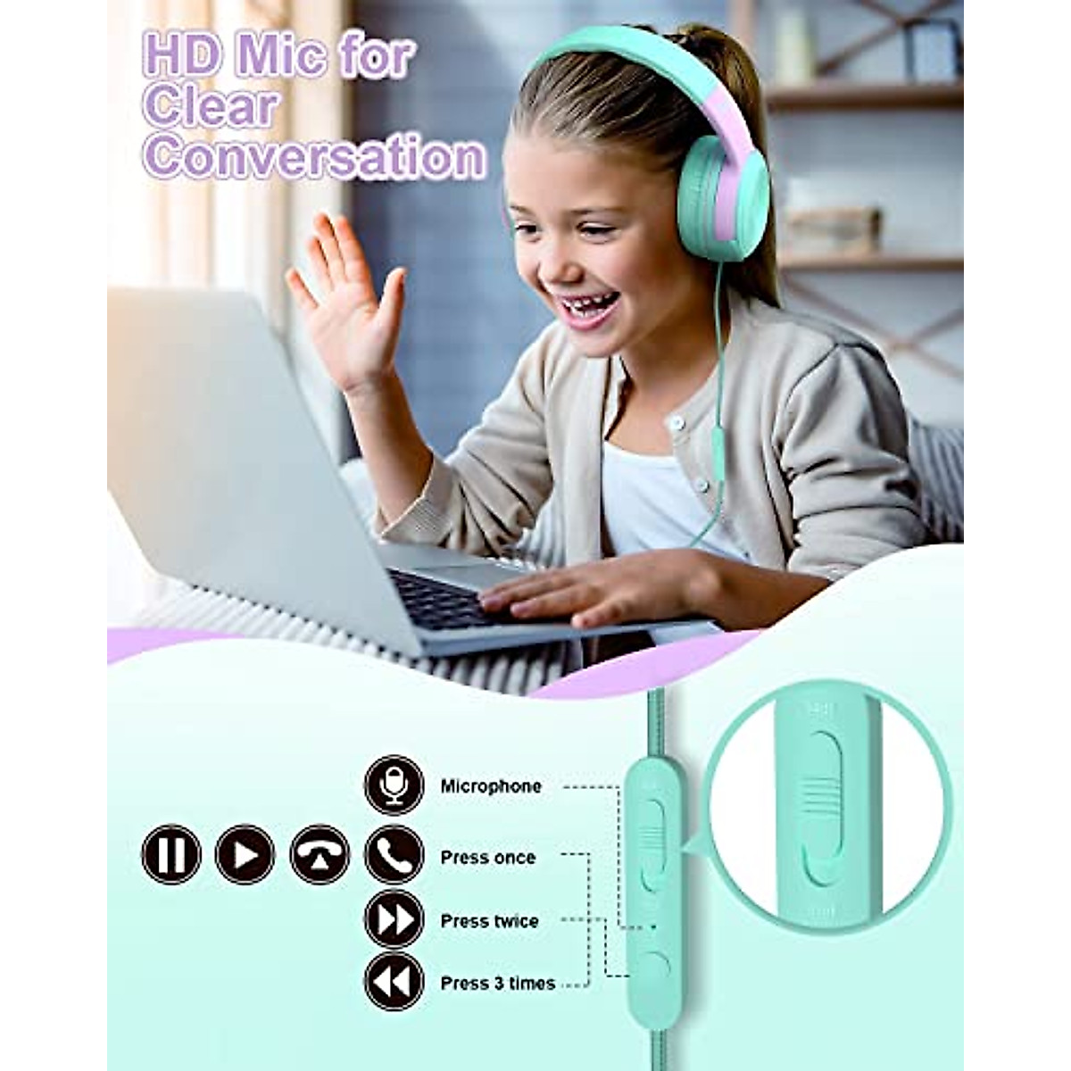 ELECDER Kids Headphones, S8 Wired Headphones for Kids with Microphone for Boys Girls, Adjustable 85dB/94dB Volume Limited, 3.5 mm Jack for/Kindle/Smartphones/Tablet/Airplane Travel(Green/Purple)
