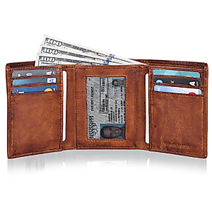 Slim Tan Leather Wallet Tri fold | 1 ID Window | RFID Blocking | Minimalist and Durable | Thoughtful Gift for Men.