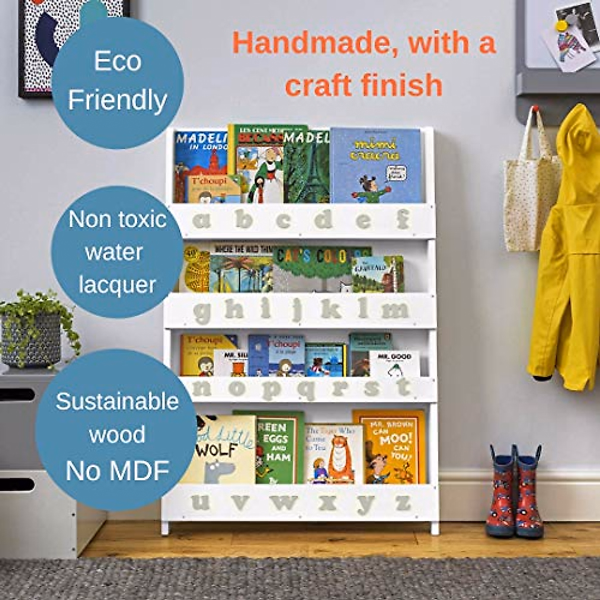 Tidy Books® White Bookshelf for Kids (Age 0-10) Grey Alphabet, Book Storage for Kids, Montessori, Book Rack for Kids, Front Facing, 45 x 30 x 3 in, Eco Friendly, Handmade, The Original Since 2004.…