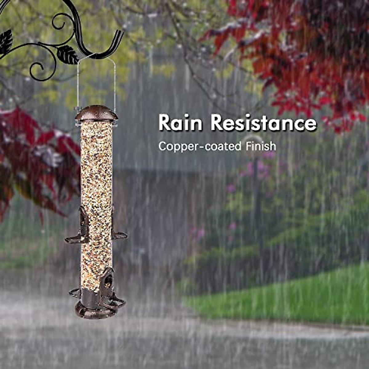 Wild Bird Feeder Classic, Witacles 17 Inch Tube All Metal Steel Hanger, for Garden Yard Outdoor, 4 Feeding Ports, Seed is not Included (Brown)