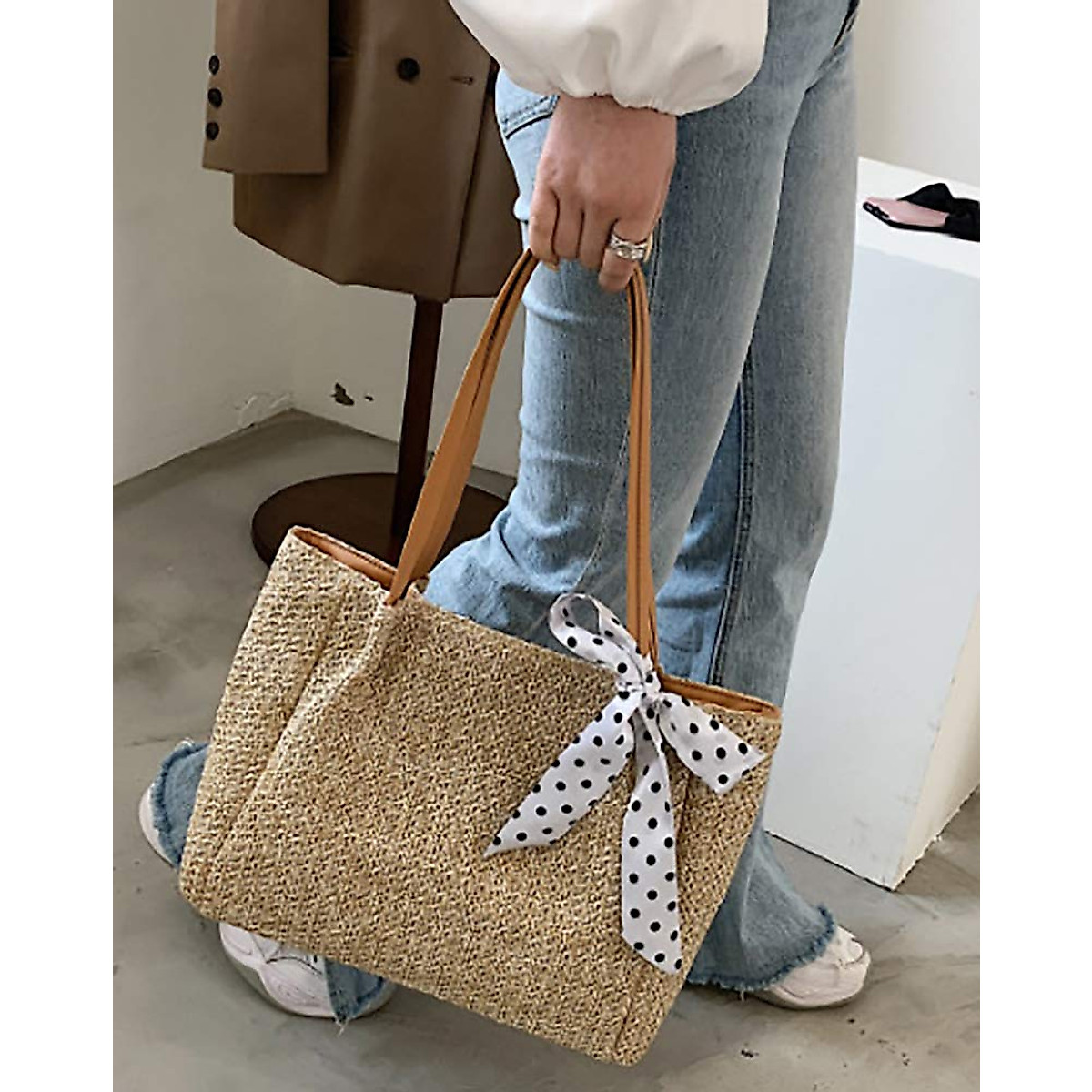 Obosoyo Straw Bags for Women Beach Bags Bowknot Shoulder Bags Straw Purse Summer Woven Bags