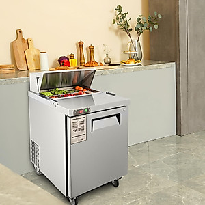VEVOR Commercial 7.42 Cu. Ft Sandwich/Salad Table Stainless Steel Food Prep Station Fridge with 8 Pan, for Restaurant, Bar, Shop, 28" W Refrigerator Single Door, Silver