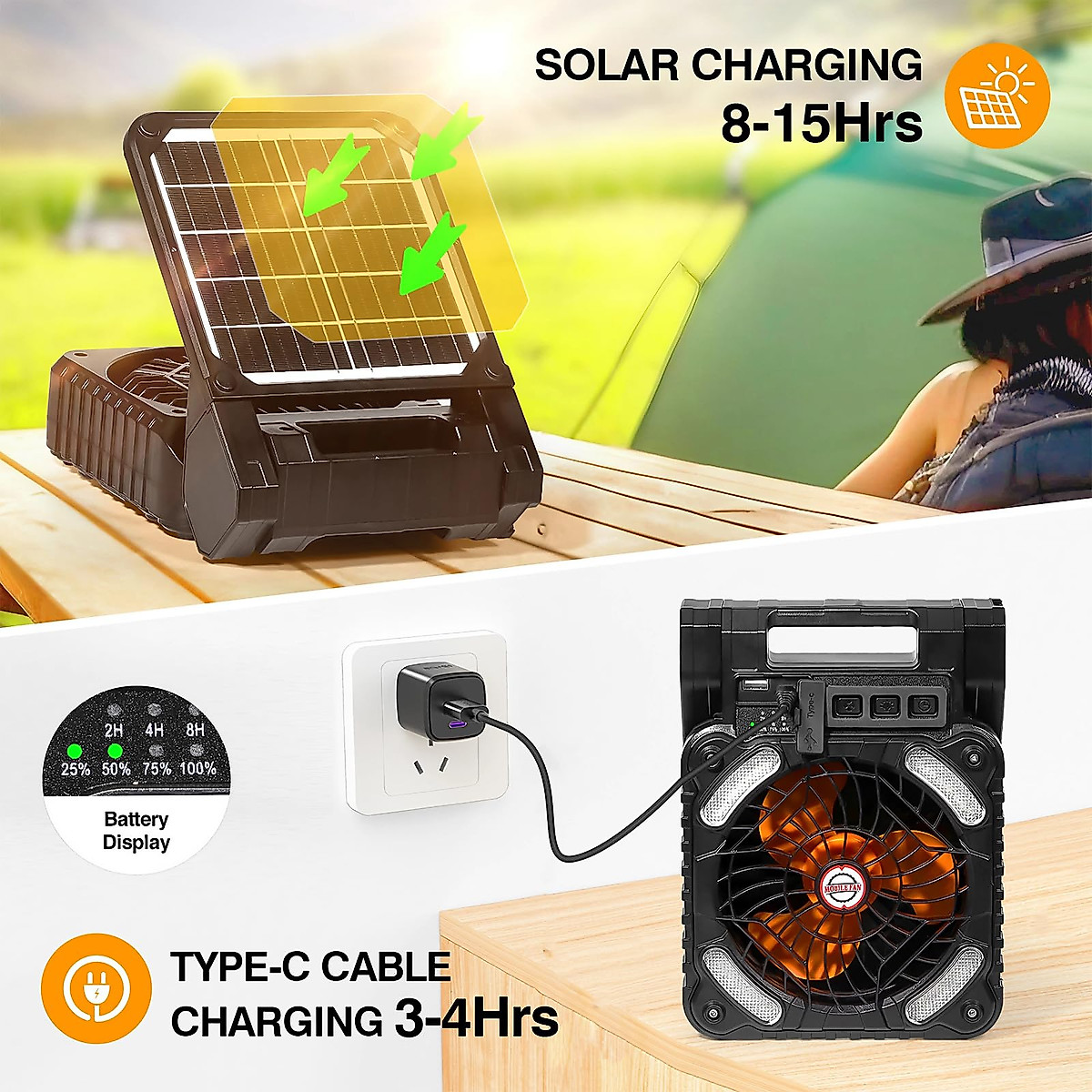Car Solar Fan with Light Rechargeable, Portable Camping Fan 10000mAh Battery Operated with 4 Speeds and 3 Brightness Level, Camping Essentials Fan with Timer for Travel Tent Picnic Barbecue Fishing
