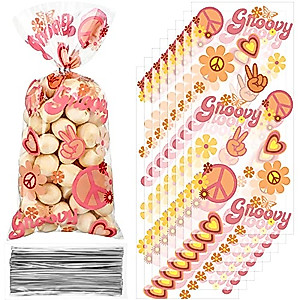 Pajean 100 Pcs Groovy Retro Hippie Boho Party Favors Bags Two Plastic Goody Treat 60's 70's Cellophane for Daisy Flower Birthday Baby Shower Wedding, Silver