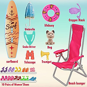 ZTWEDEN Doll Swimsuit Bikini Clothes and Beach Accessories for 11.5 Inch Girl Doll with Surfboard Diving Swim Accessories, 8 Bikini Swim Suit 3 Summer Dresses 10 Shoes Lifebuoys Beach Loungers